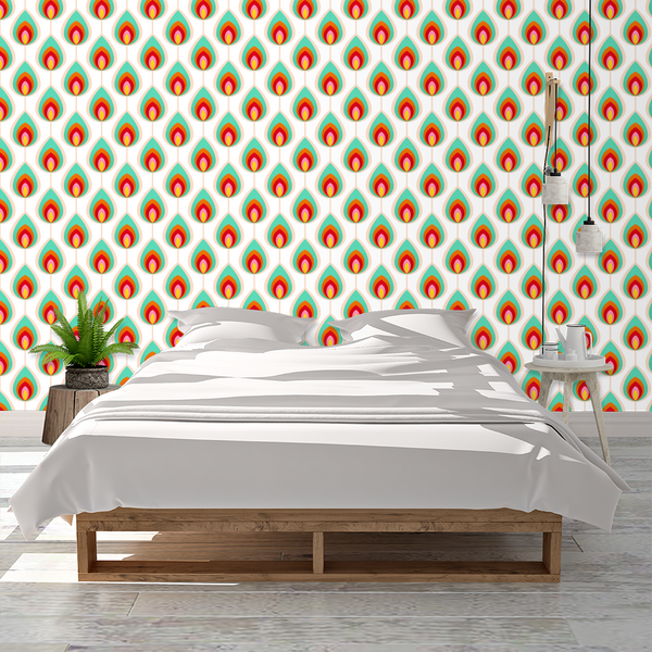 Retro mod peacock feather pattern wallpaper - rainbow palette ...