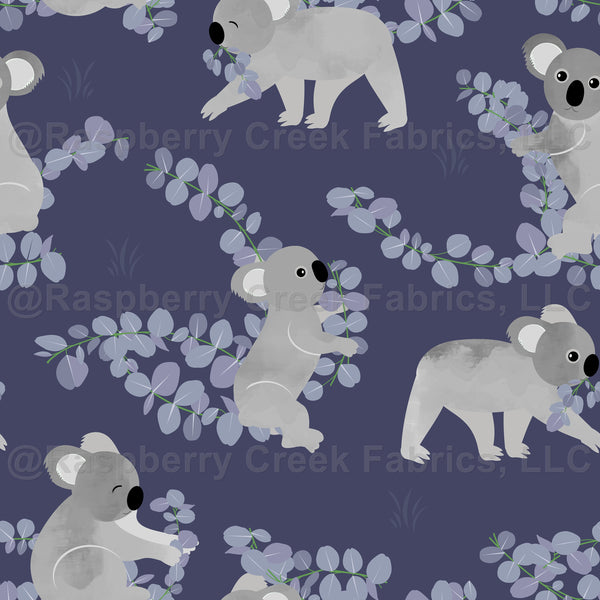 Koalas and Eucalyptus Purple - Raspberry Creek Fabrics