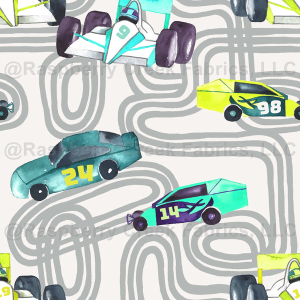 Race cars on gray track - Raspberry Creek Fabrics