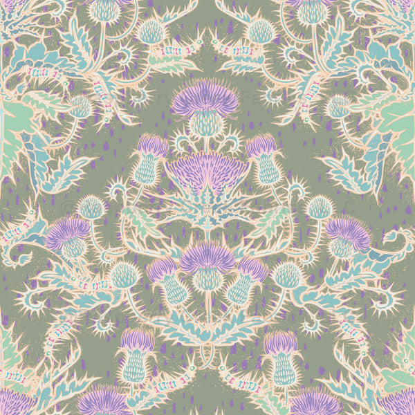 boho luxe thistle damask wallpaper - deep sage and silver greens ...
